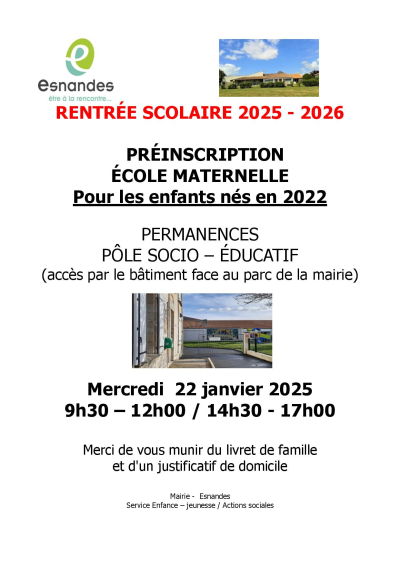 Rentrée 2025-2026 - Préinscription école maternelle - Mairie d'Esnandes
